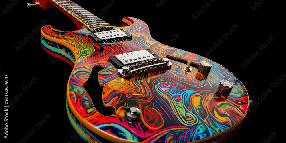 Stunning digital art of a colorful psychedelic guitar, representing 70s ...