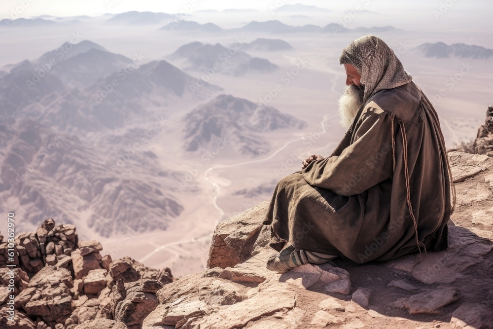 Moses sitting on the Nebo mount watching from afar the promised land ...