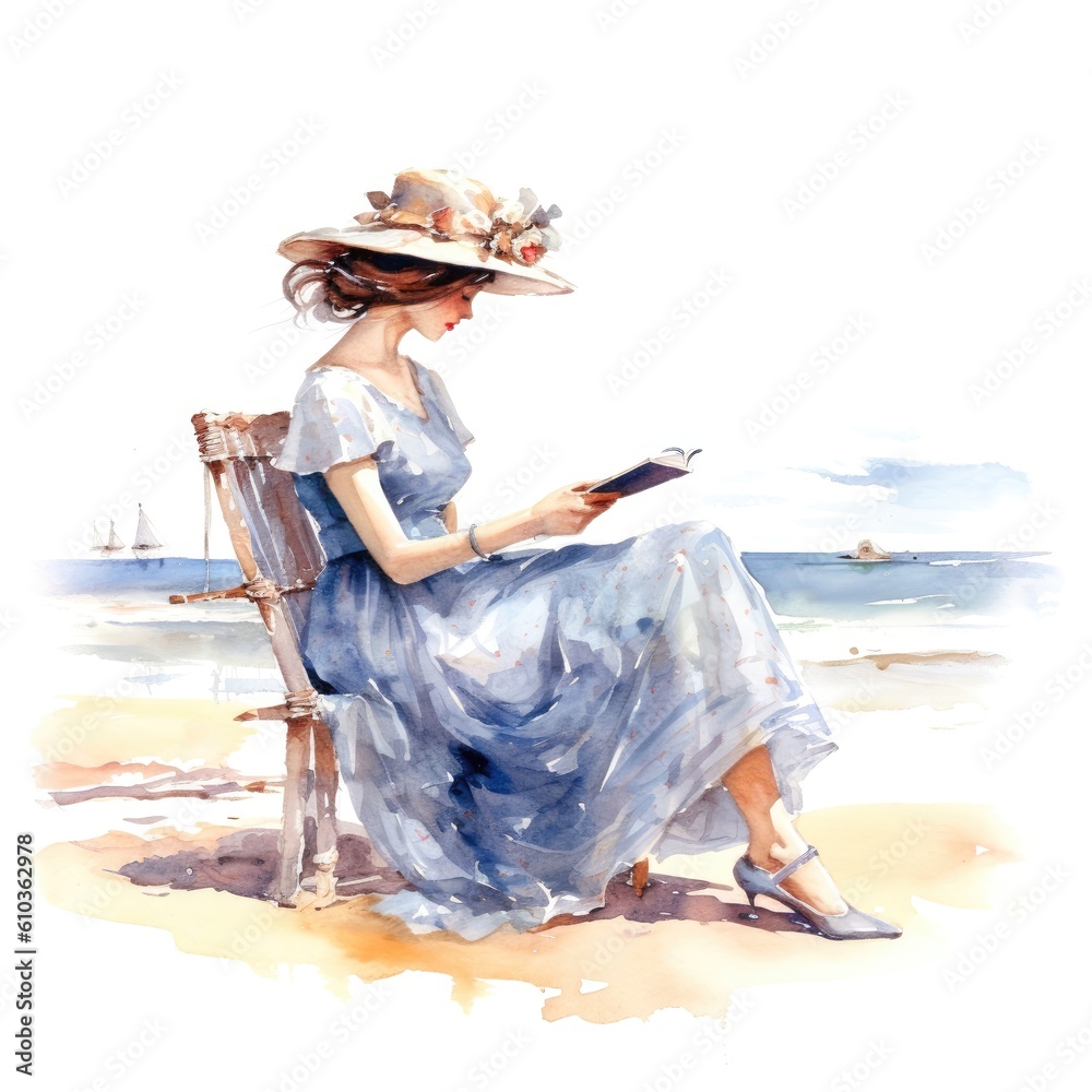 Watercolor painting of a woman seated and reading a book on a beach In ...