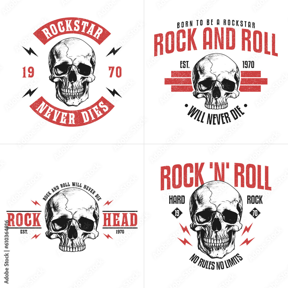 Set of Rock and roll t-shirt design with skull and slogan. Rock music ...