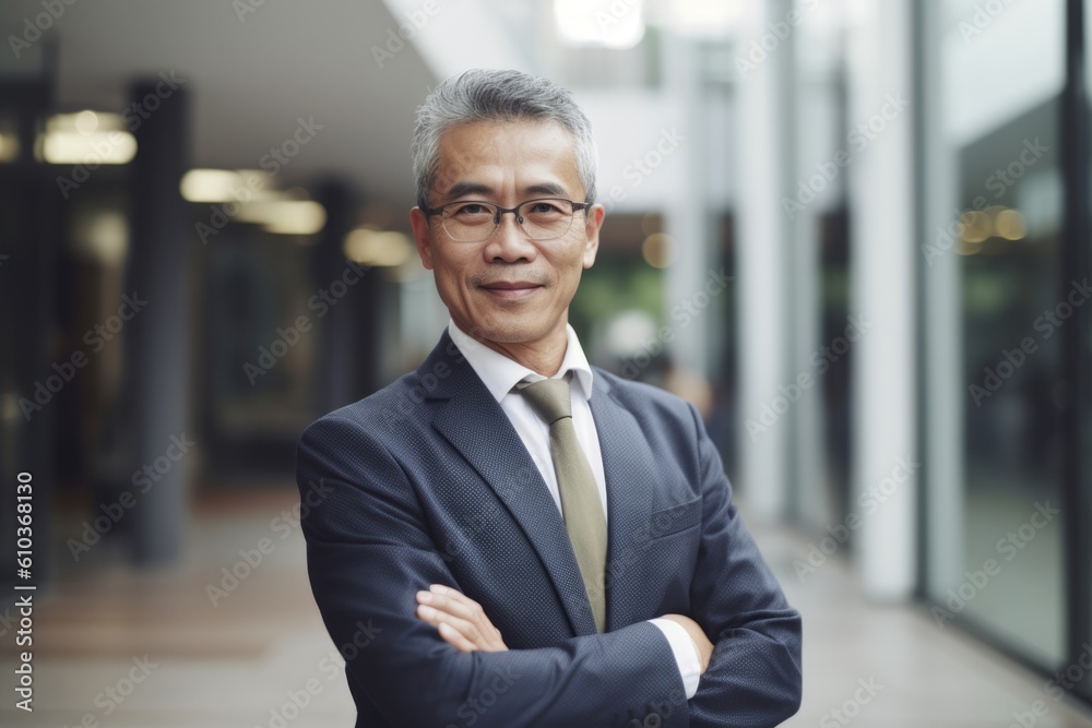 Mature smart asian businessman, smiling face, standing in blur ...