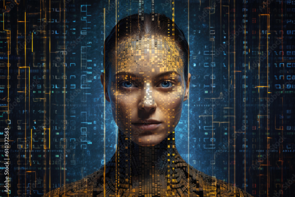 Female face against binary code. Human looking at camera from matrix digital signs and numbers ...