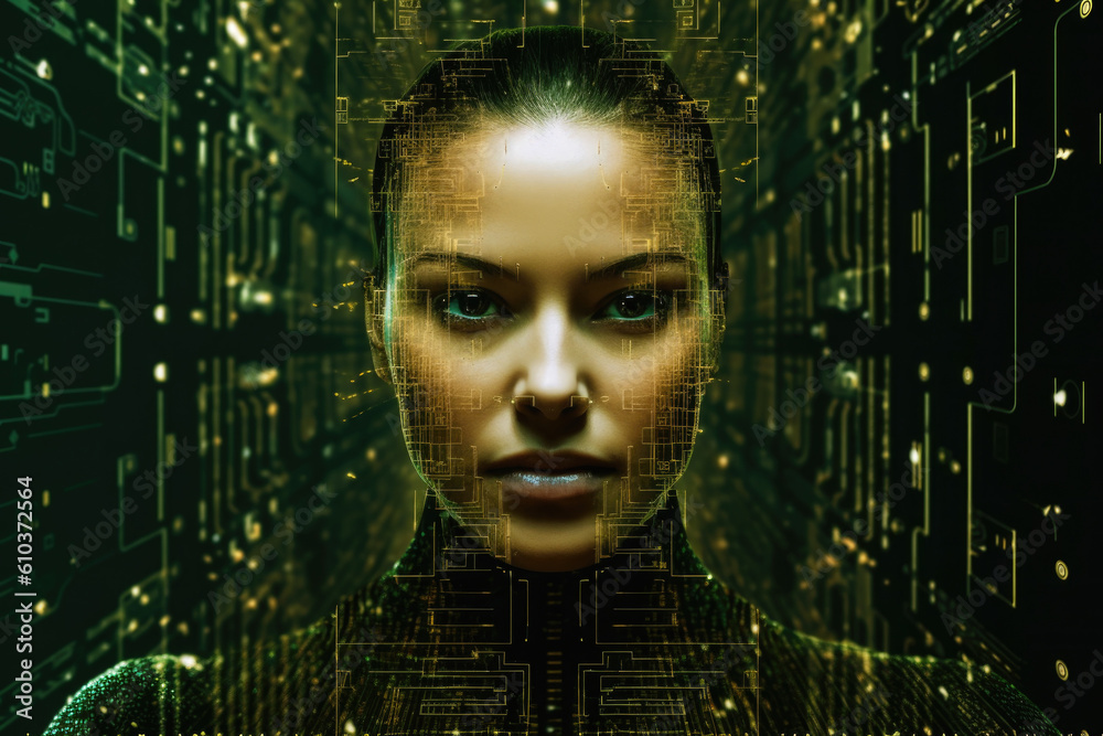 Female face against binary code. Human looking at camera from matrix ...