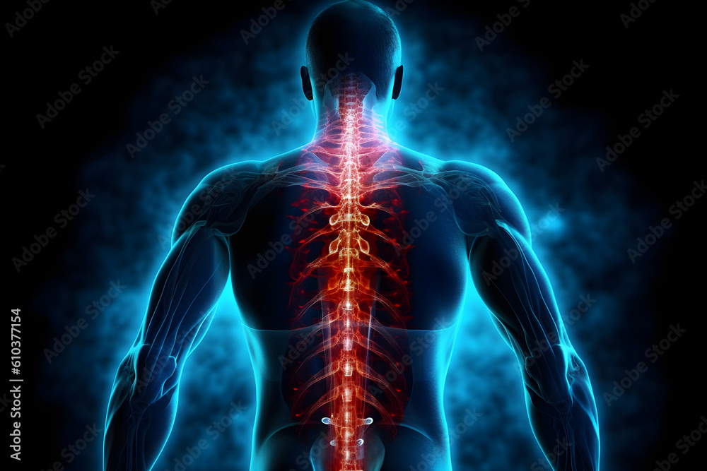 Human spine in x-ray on blue background. The lumbar spine is ...
