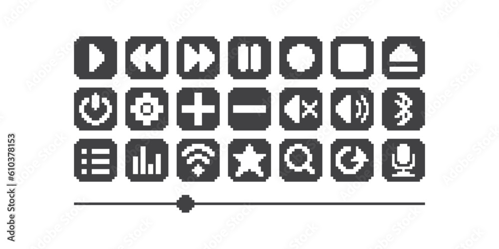 simple flat pixel art set of white media player buttons for audio or ...