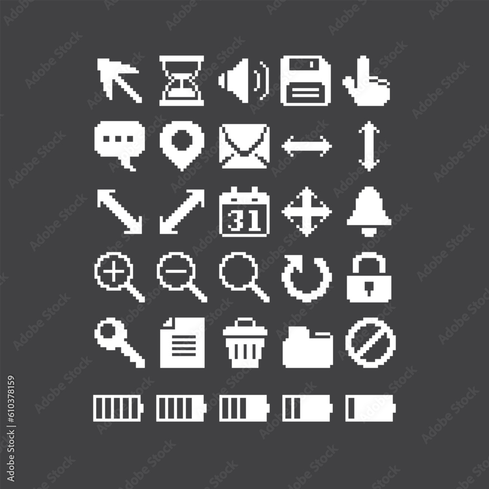 Simple black and white 1bit pixel art minimalistic set of PC toolbar ...