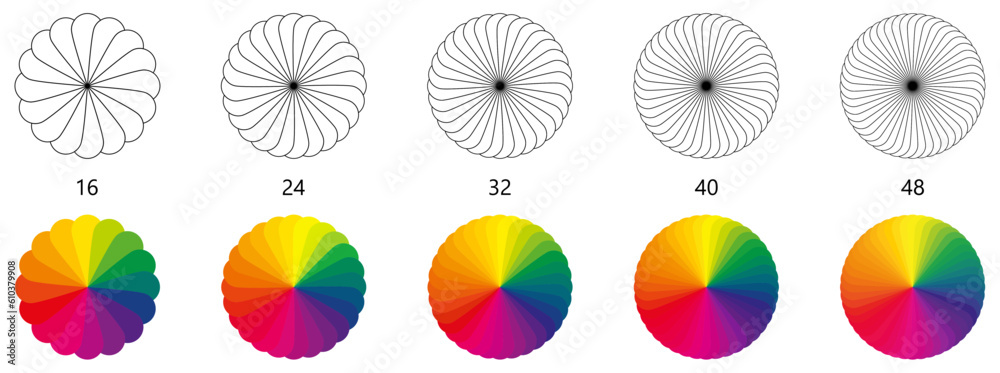 Colour palette wheel shaped like flower rosette. Version with 16 to 48 ...