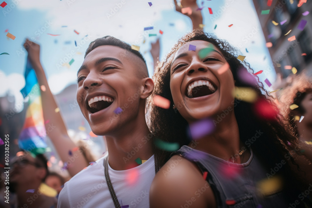 Happy Generative AI Couple at LGBTQ+ Gay Pride Parade in New York, USA ...