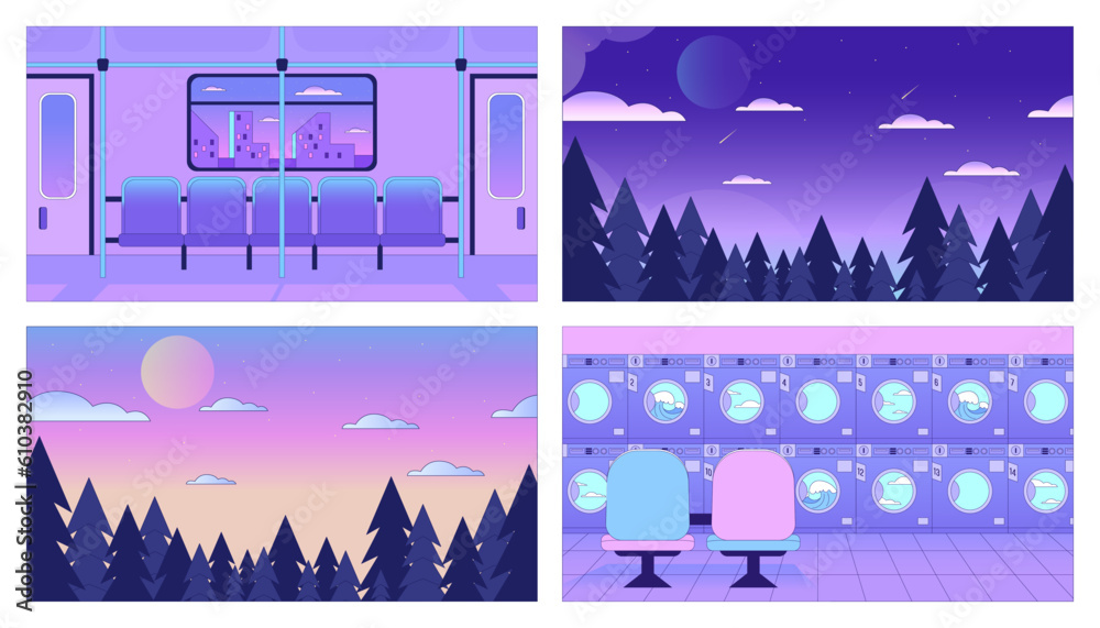 Neon purple interiors, landscapes lo fi chill wallpaper set. Skyline ...