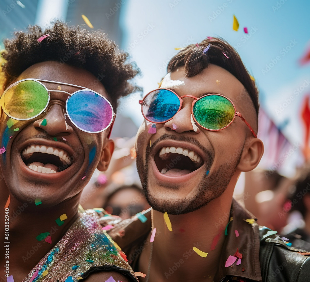 Happy Generative Ai Couple At Lgbtq Gay Pride Parade In New York Usa