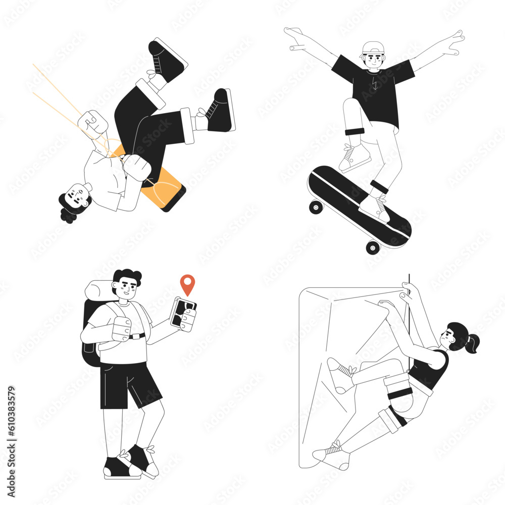 Summer outdoor activity flat vector cartoon outline characters set ...