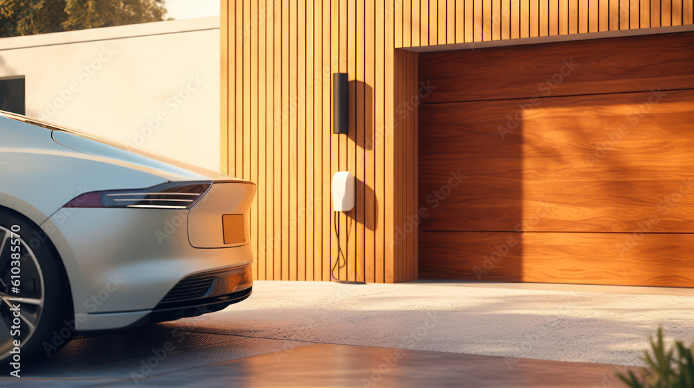 Generic electric vehicle EV car is being charged from a wall box with ...