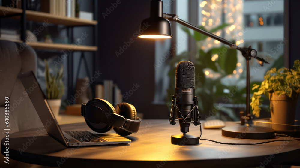 A wireless microphone on the table ready to use for the interview or ...