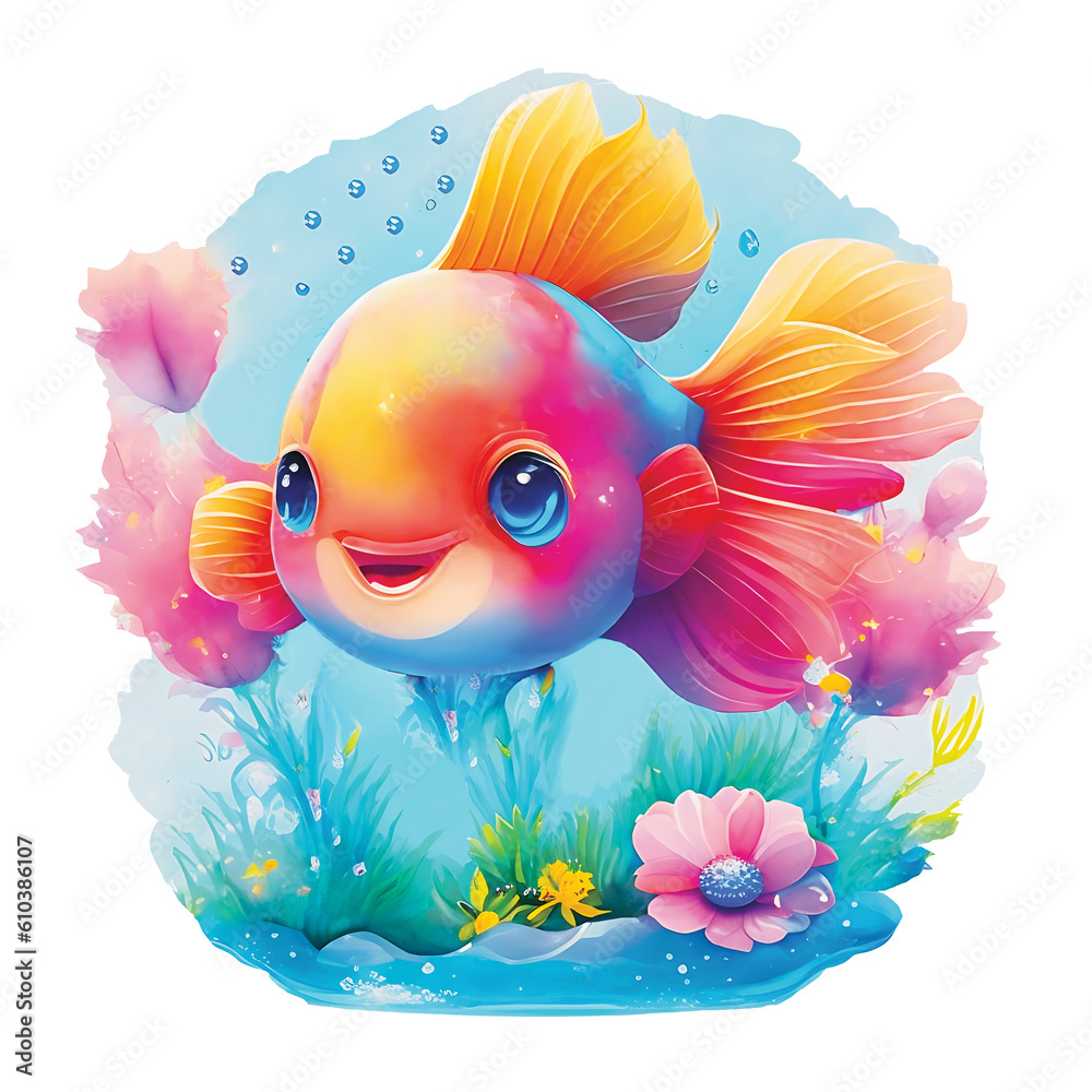 Watercolor painting of cute colorful smiling fish surrounded by flowers ...