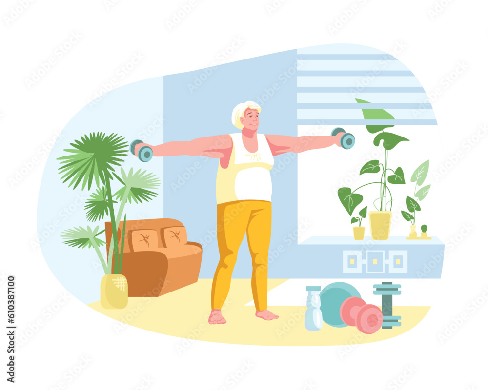 Fitness for elderly persons. Old woman lifts dumbbells. Taking care of ...