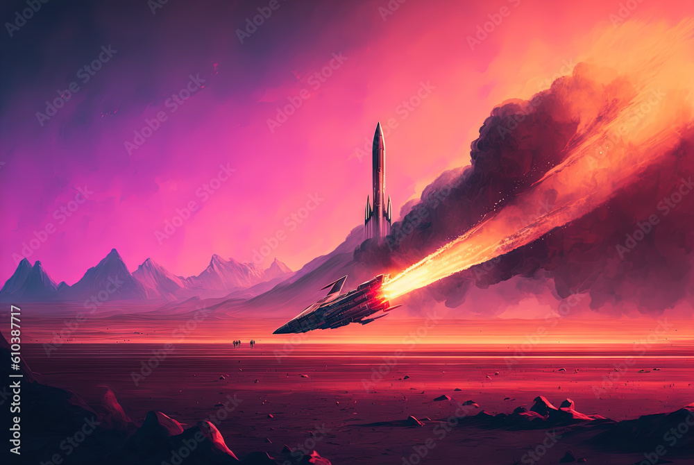 Spaceship crash landing during the battle with laser rays. Alien ...