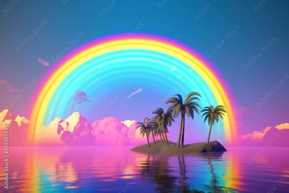 Palm trees and rainbow 80s landscape in vaporwave style. Retrowave ...
