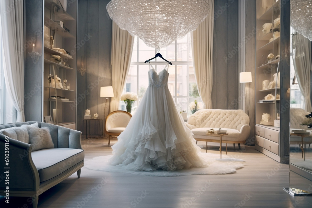 Elegant woman's wedding dress in the clothing store. Super photo ...