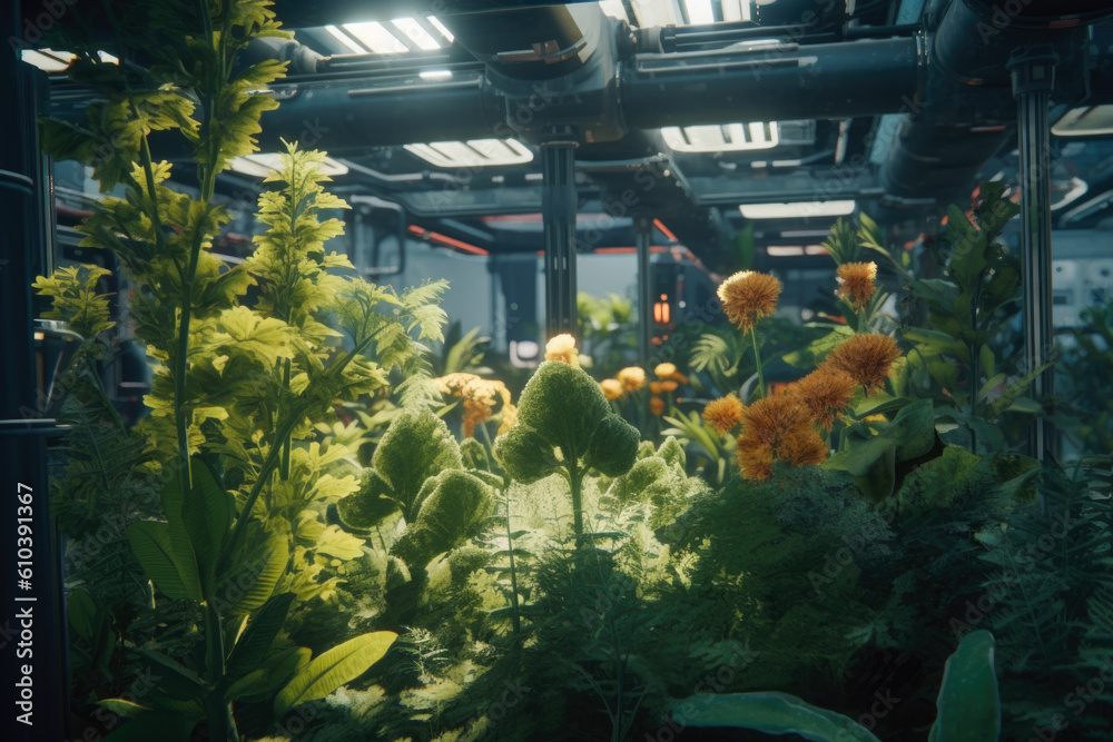Zoomed in, the intricate details of a botanical garden within the space ...