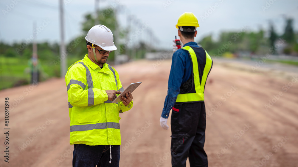 Asian engineer holding tablet and foreman using walkie talkie to ...