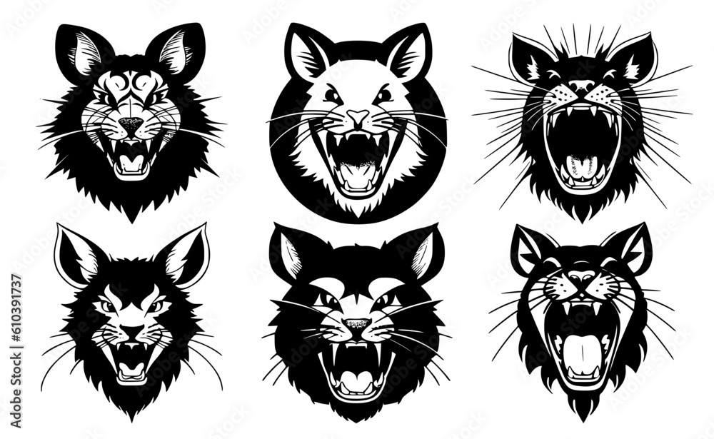 Set of mouse heads with open mouth and bared fangs, with different ...