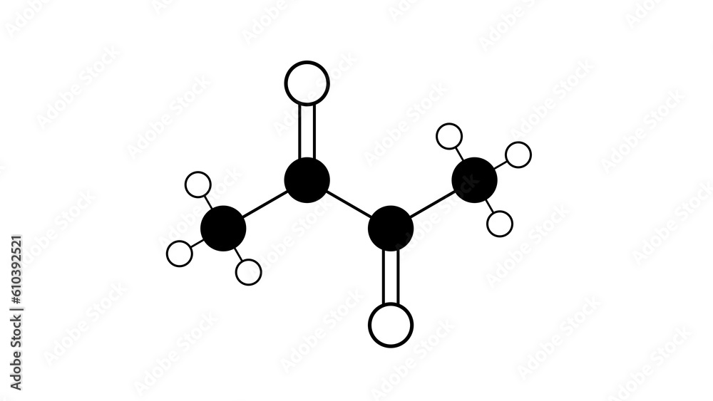diacetyl molecule, structural chemical formula, ball-and-stick model ...