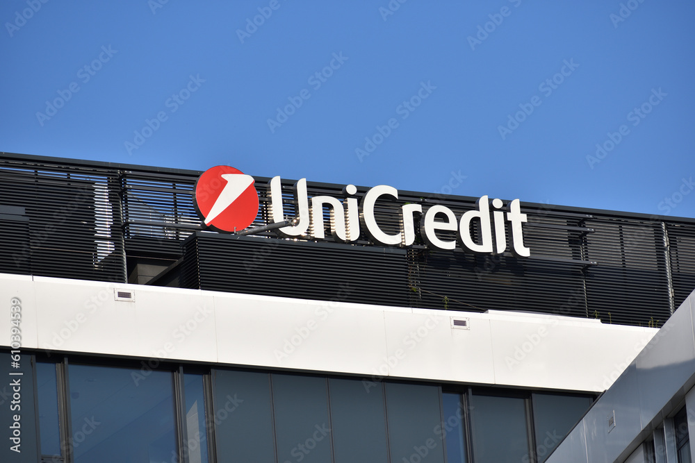 UniCredit logo, signage, emblem on the facade of UniCredit Services ...