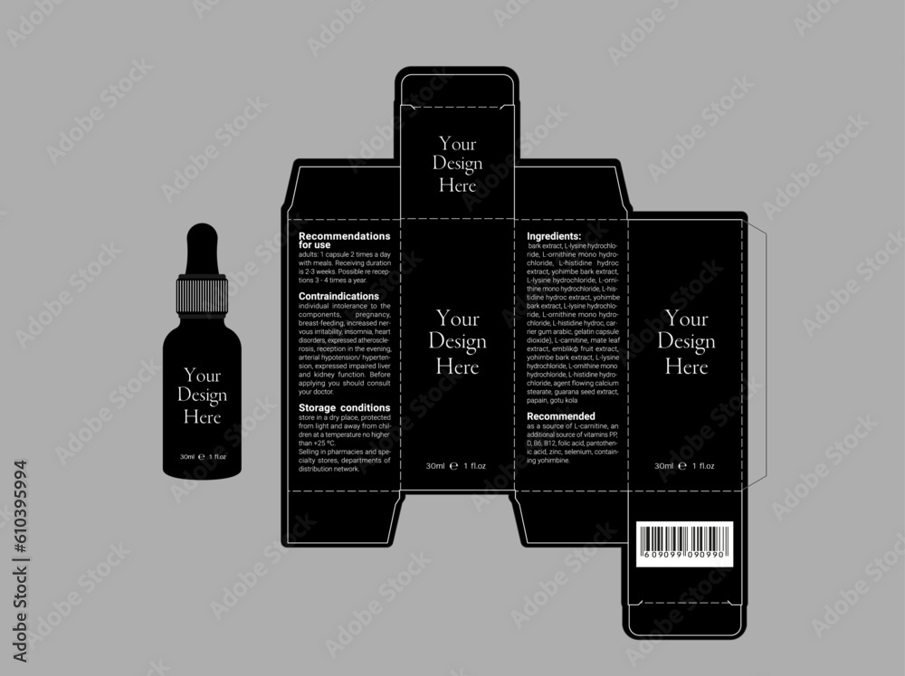 Editable vector image of black cosmetic bottle and box with dieline box ...