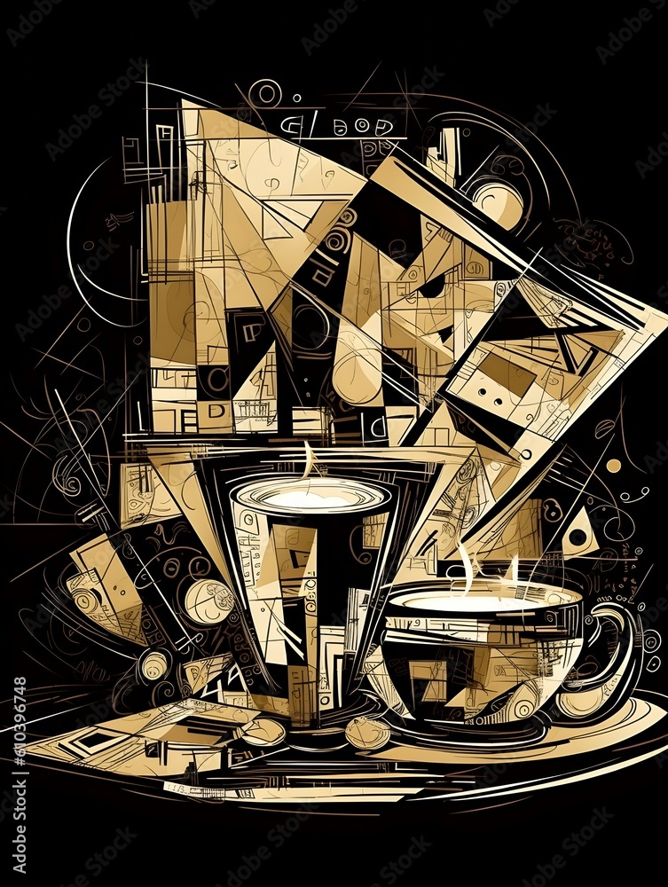 A cup of coffee music notes in the style of cubist multifaceted angles ...