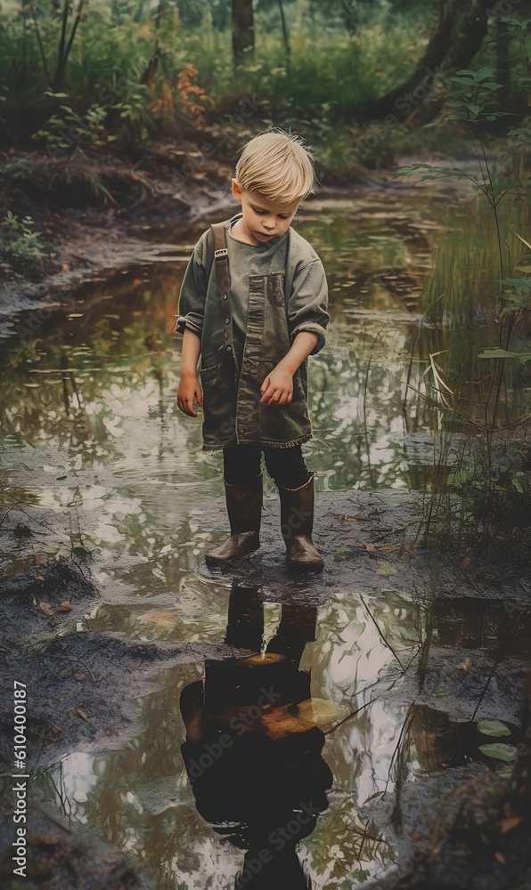 toddler standing puddle deep forest rugged black clothes broken mirror ...
