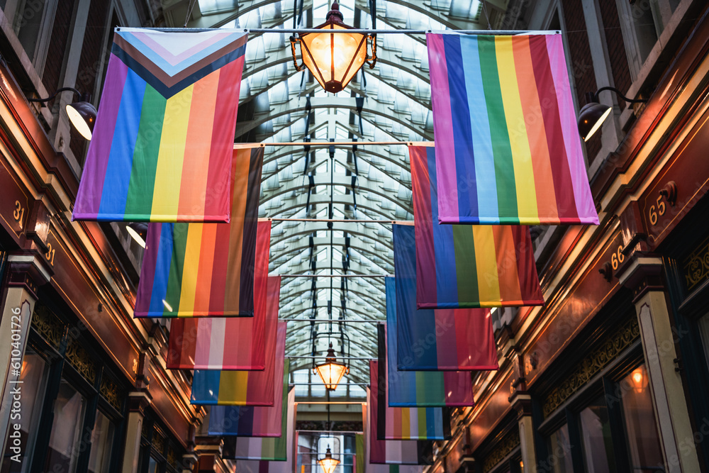 Different LGBTQ pride and rainbow flags hanginging in two rows in city ...