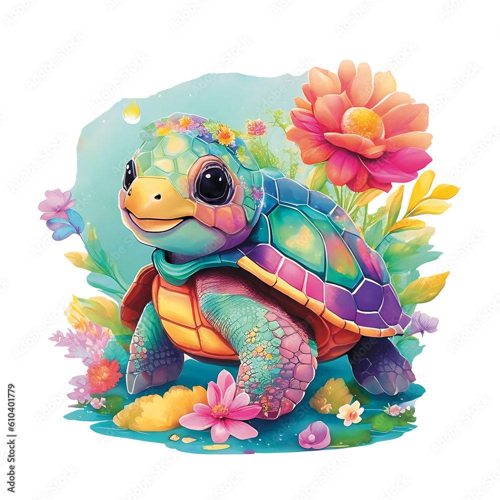 Watercolor painting of cute colorful smiling turtle surrounded by ...