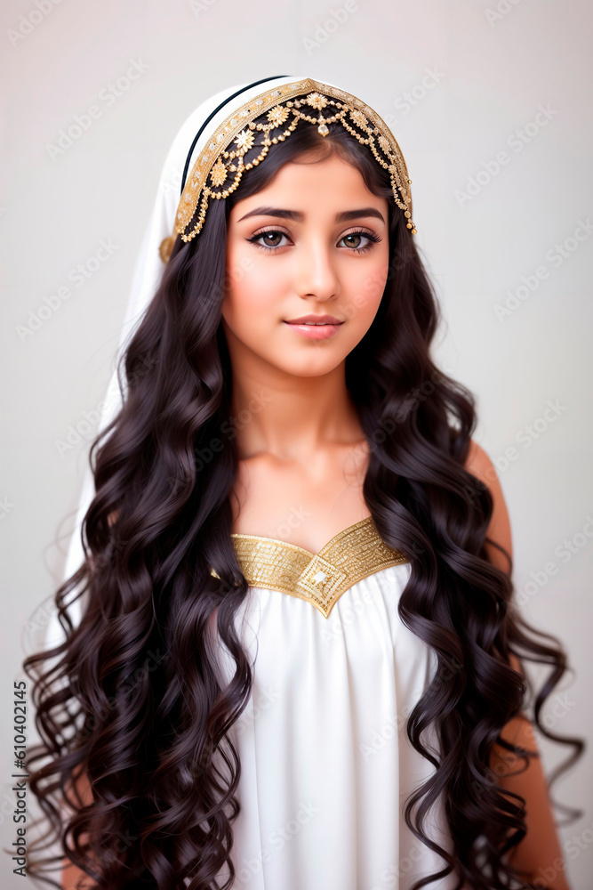 Arabic brunette girl with long and shiny wavy hair. Beautiful model ...