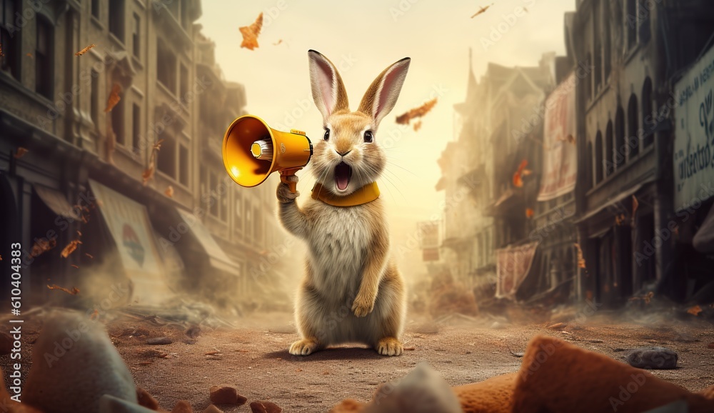 Rabbit holding yellow megaphone and screaming background of destroyed ...