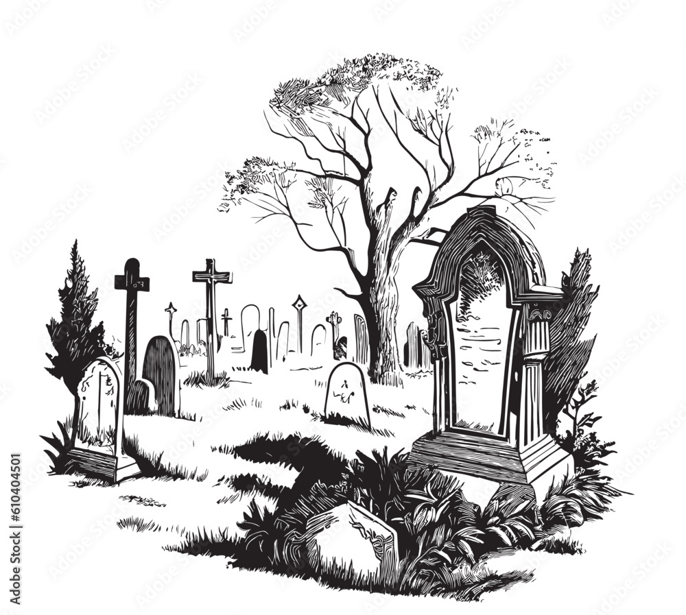 Old retro cemetery hand drawn sketch illustration Stock Vector | Adobe ...