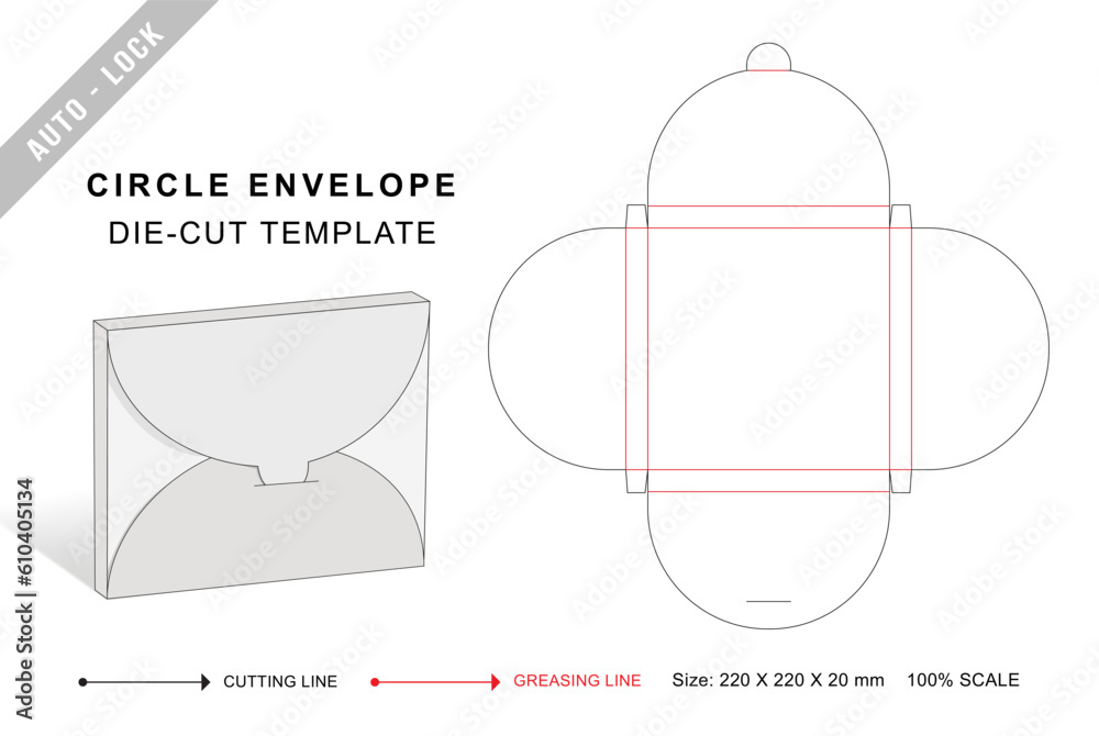 Circle shape envelope die cut template with 3D blank vector mockup ...