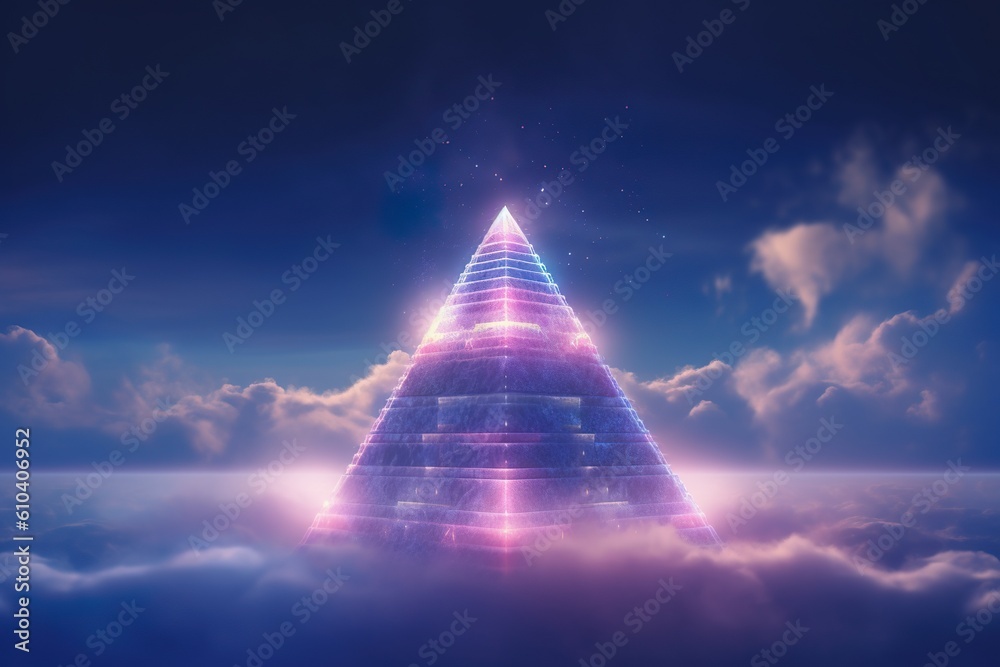 A pyramid floating in the clouds with a beam of light shining out from ...