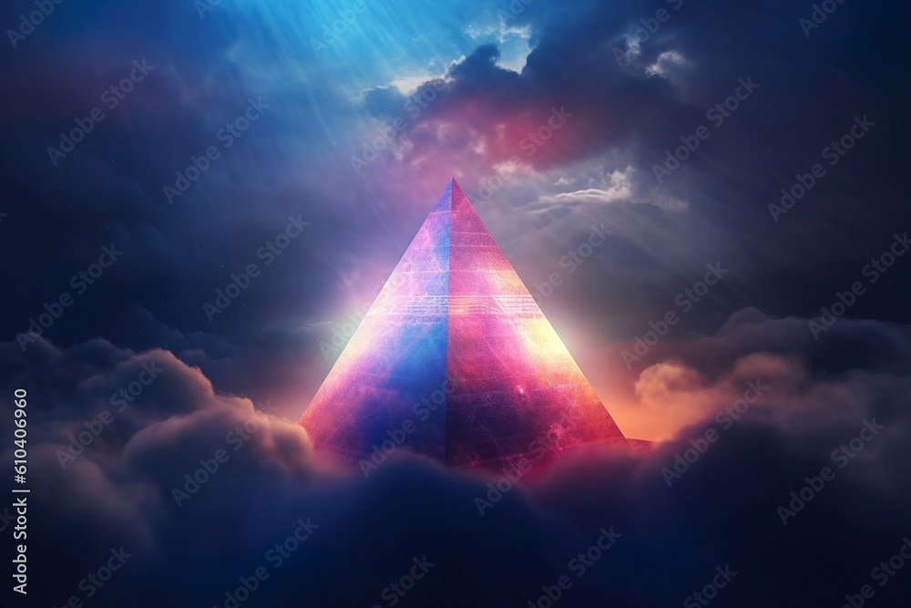 A pyramid floating in the clouds with a beam of light shining out from ...
