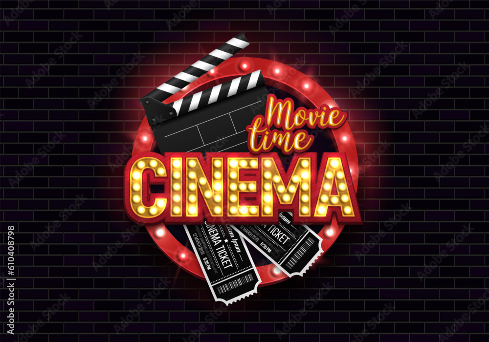 Movie time. Cinema banner or poster with retro billboard, tickets and ...