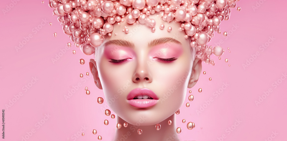 Pink Woman skin. Beauty fashion model girl with Gold Pink metallic make ...