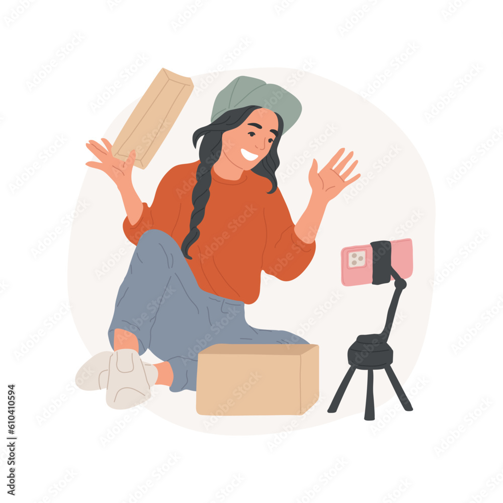 Uboxing isolated cartoon vector illustration. Happy teen girl recording ...
