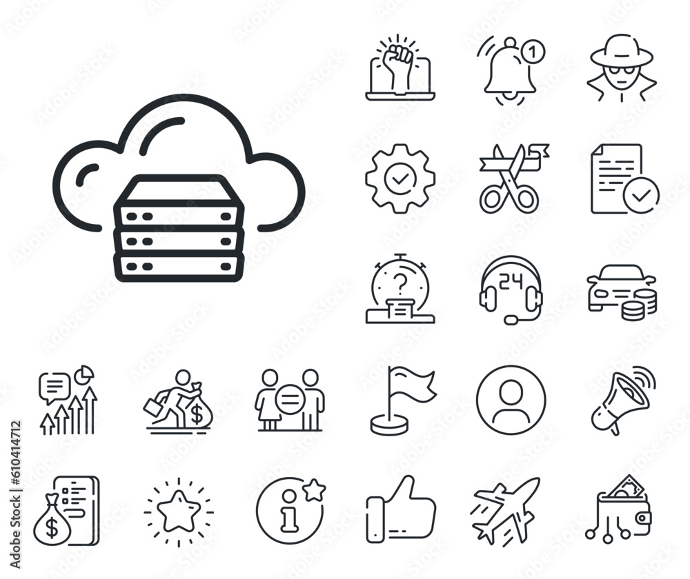 Internet data storage sign. Salaryman, gender equality and alert bell outline icons. Cloud ...