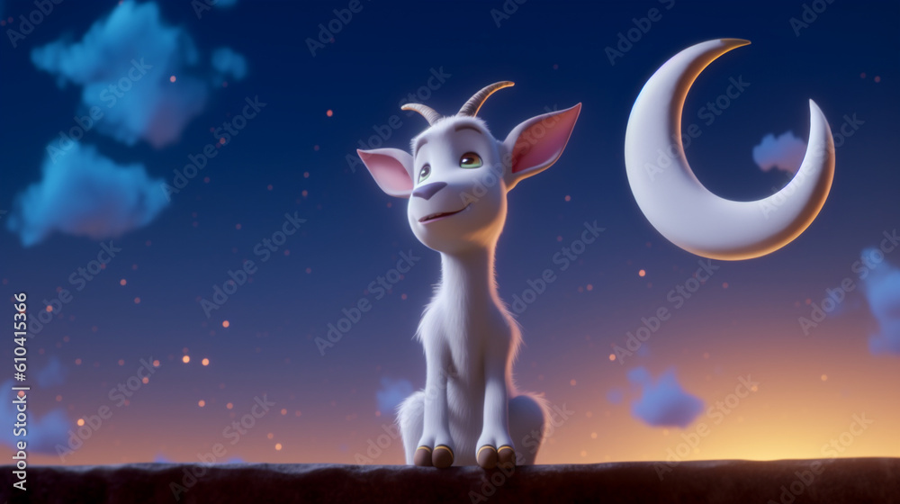 3d pixar style cute goat gazing at the moon, eid ul azha celebration ...
