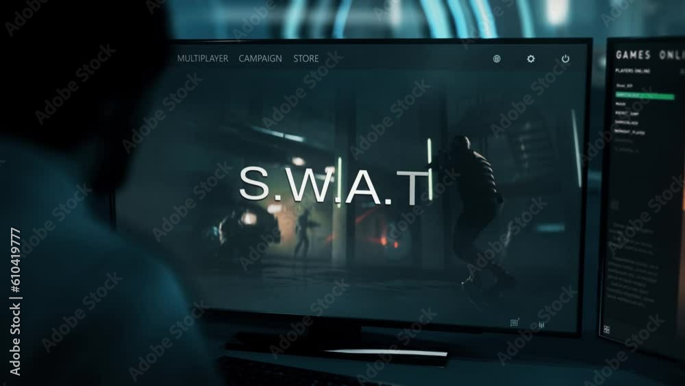 Clicking the quick play button in the menu of a tactical shooter video ...