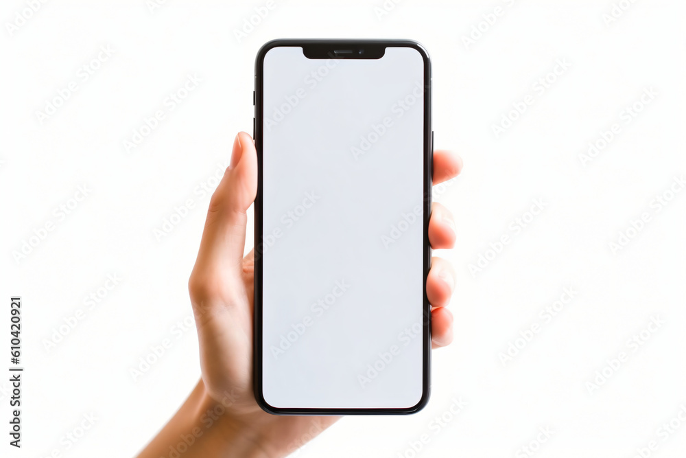 hand holding smartphone isolated on white background, phone mockup with ...