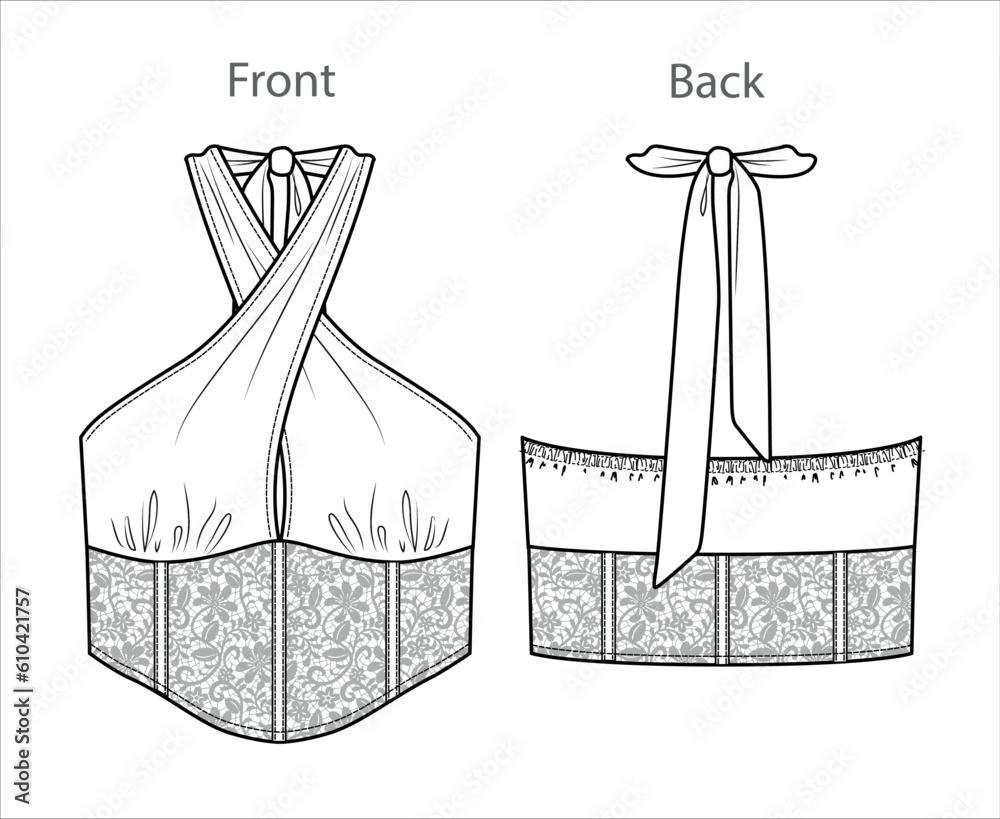 Vector woman strapless lace bra sketch, sleeveless blouse fashion CAD ...