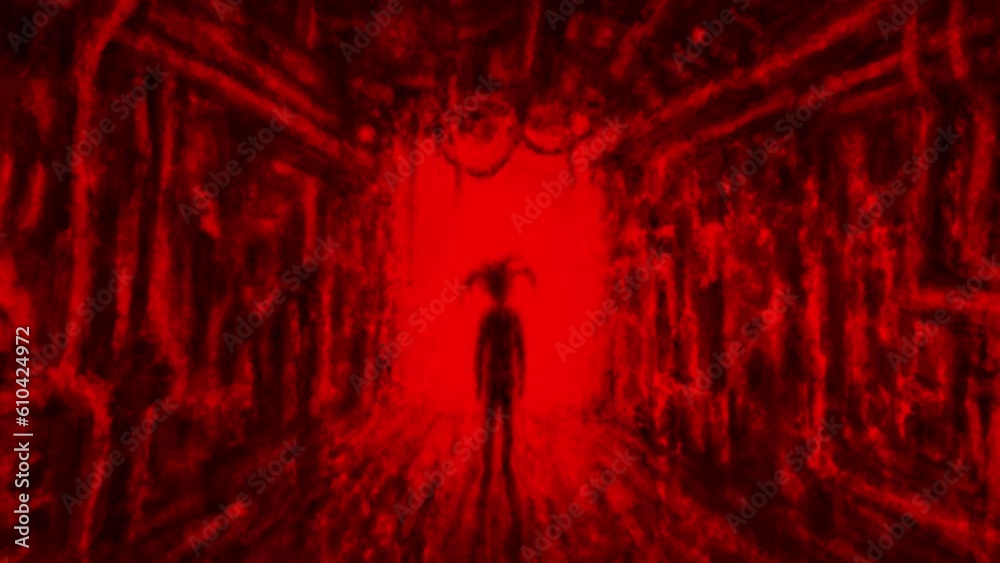 Scary animation with devilish character. Small girl walks along dark ...