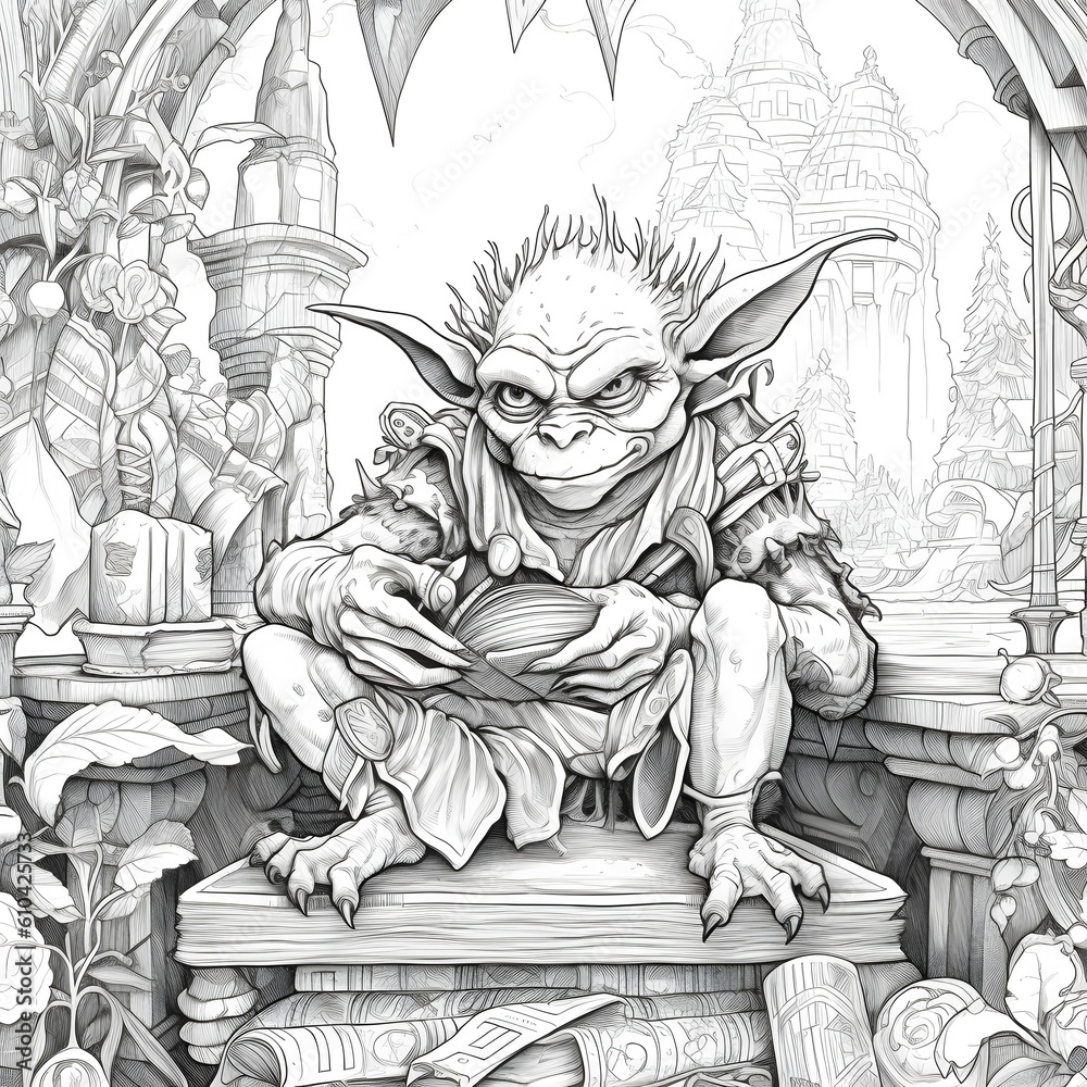 a black and white illustration of a female goblin scene from an ...