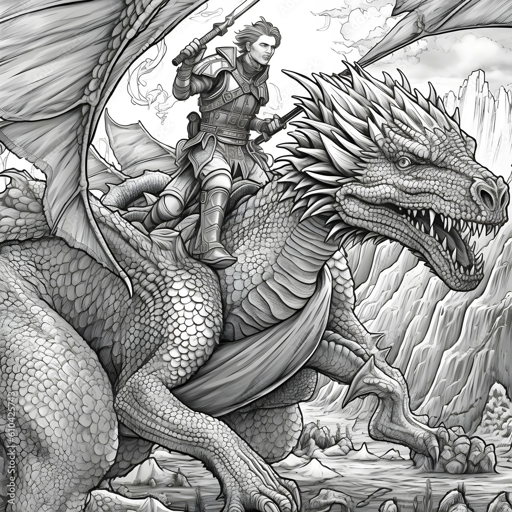 a black and white illustration of a dragon rider scene from an original ...