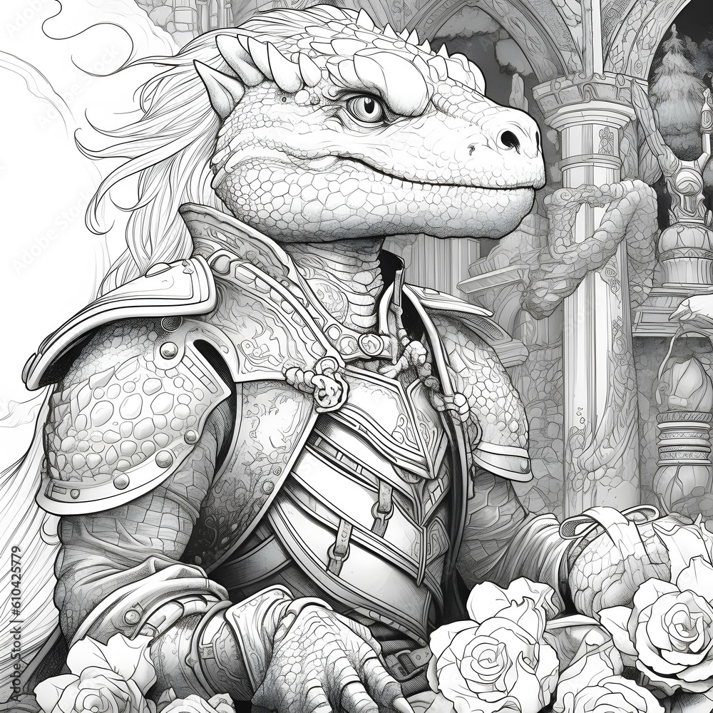 a black and white illustration of a female lizardfolk scene from an ...